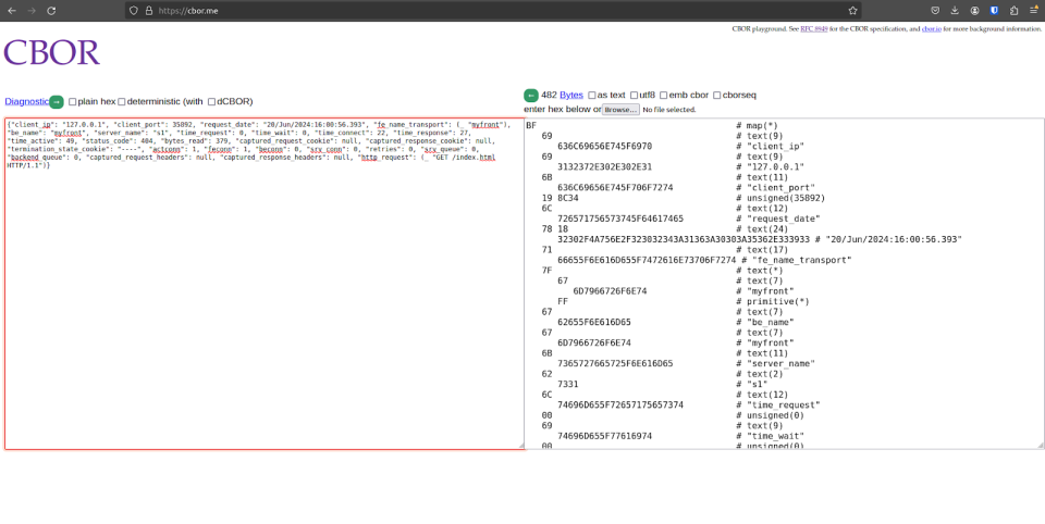 Encoding HAProxy logs in machine-readable JSON or CBOR